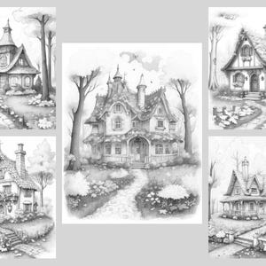 40 Cottage Coloring Pages, Cozy Cute Cottages Grayscale Coloring Book ...