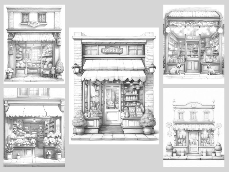 40 Storefront Coloring Pages Bookstore, Flower Shop, Candy Shop, Cafe ...