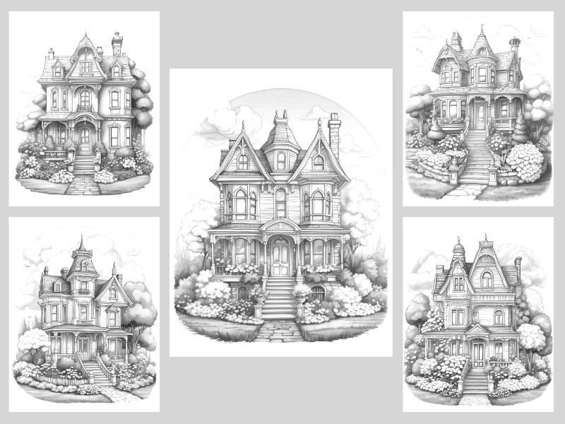 40 House Coloring Pages, Cute Victorian Manor Houses, Grayscale ...
