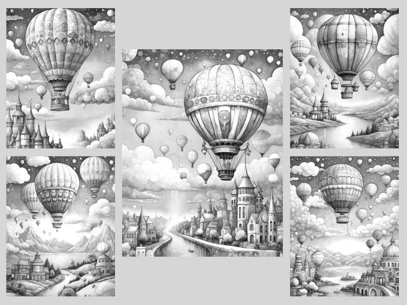 Hot Air Balloon Coloring Pages: 35 Printable Grayscale Landscape ...