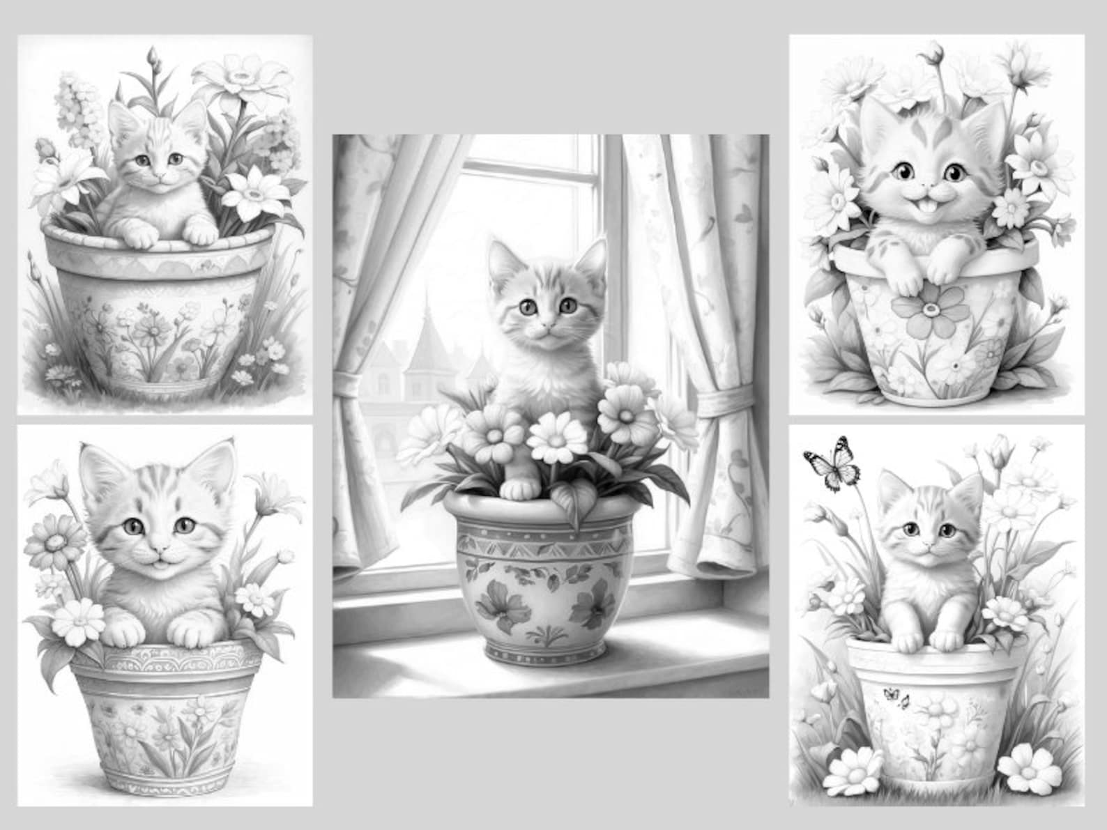 40 Cat Coloring Pages, Flowerpot Kittens Coloring Book, Printable PDF ...