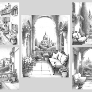 35 European City Coloring Pages, European Architecture Grayscale ...