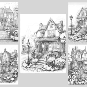 50 Autumn Villages Coloring Pages, Cozy Village Grayscale Coloring Book ...