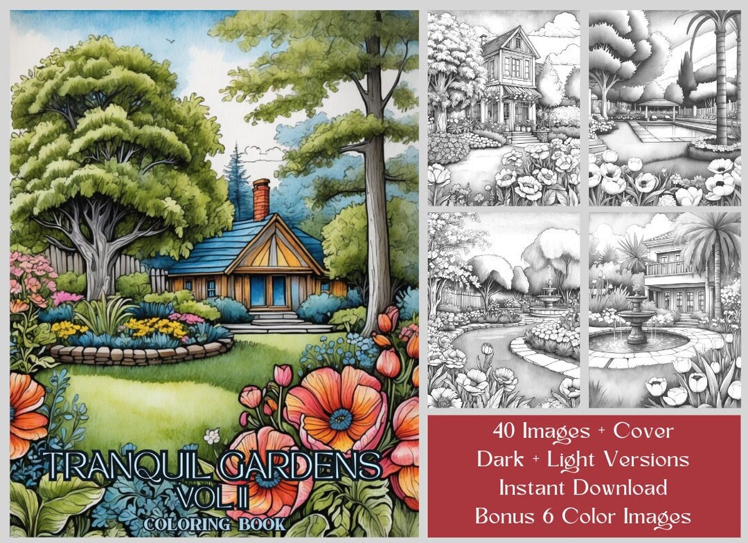 40 Garden Coloring Pages, Tranquil Gardens Volume 2 Coloring Book, Home ...
