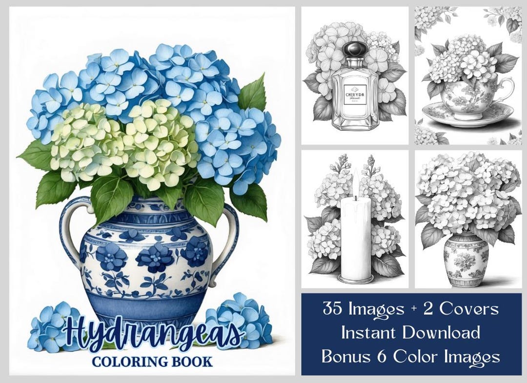 35 Hydrangea Coloring Pages, Botanical Coloring Book, Grayscale Boho ...