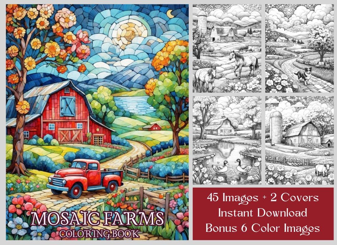 Mosaic Farms Coloring Book: Grayscale Farm Landscapes (printable PDF ...