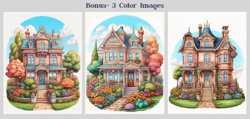 40 House Coloring Pages, Cute Victorian Manor Houses, Grayscale ...