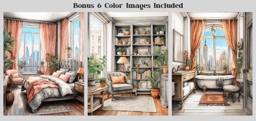 50 Boho Interior Coloring Pages, Adult Coloring Book, Apartment ...