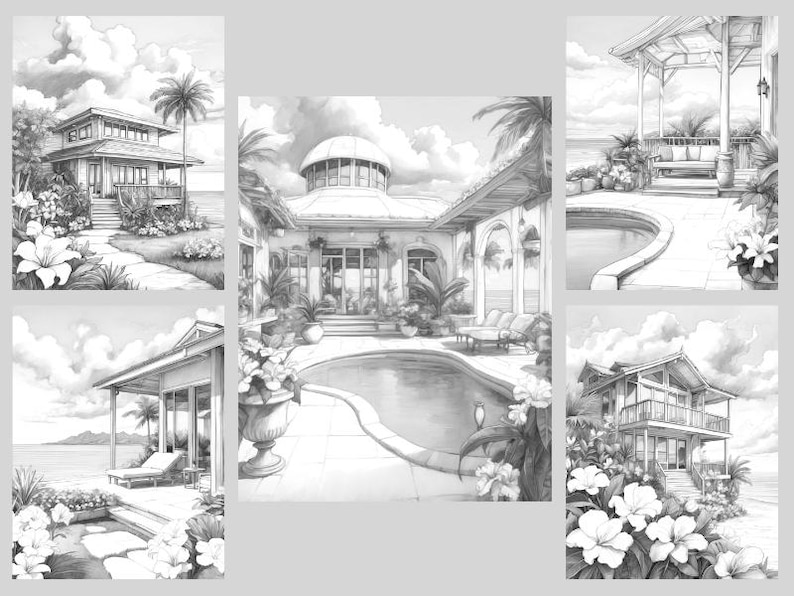 50 Tropical Houses Coloring Pages, Beach Houses Printable Grayscale ...