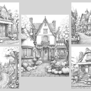 50 Autumn Villages Coloring Pages, Cozy Village Grayscale Coloring Book ...
