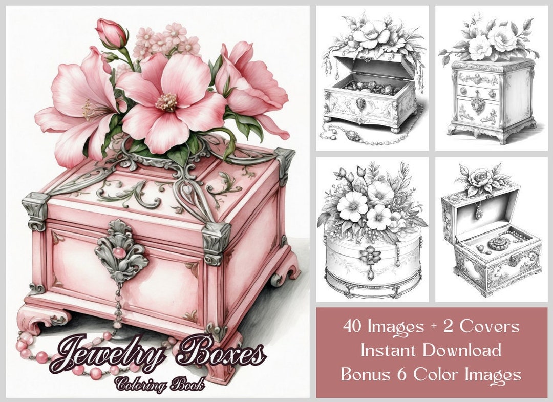 40 Floral Coloring Pages, Jewelry Boxes Coloring Book, Floral Jewelry ...