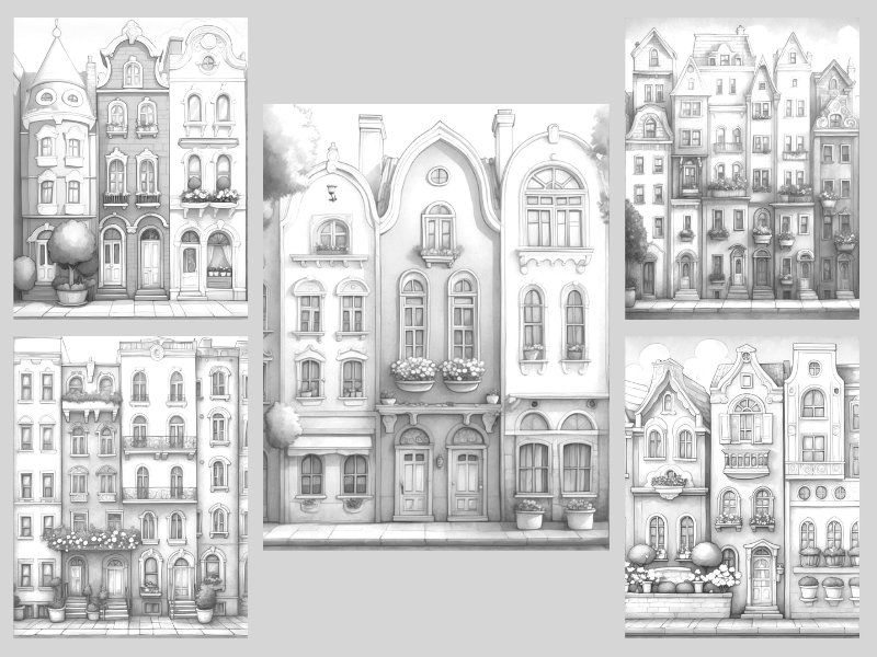 40 Cute Townhouse House Coloring Book Printable PDF Fantasy City House ...