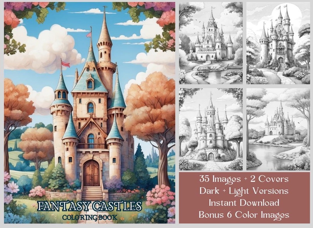 35 Fantasy Castle Coloring Pages, Adult and Kids Grayscale Coloring ...