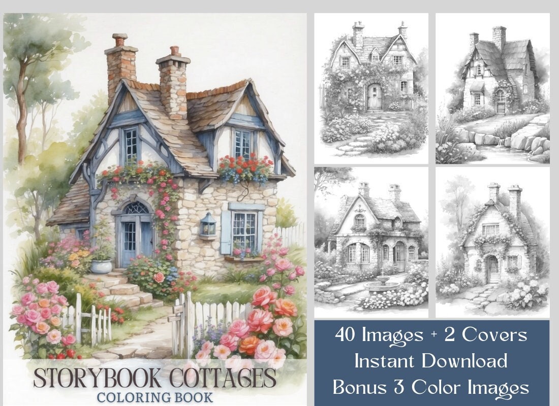 40 Cottages Coloring Book Storybook Fairytale Cottages Fantasy House ...