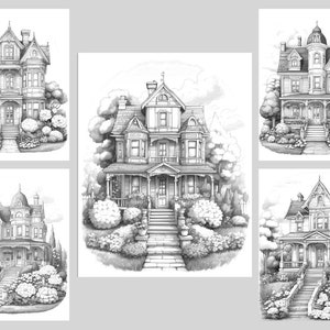 40 House Coloring Pages, Cute Victorian Manor Houses, Grayscale ...