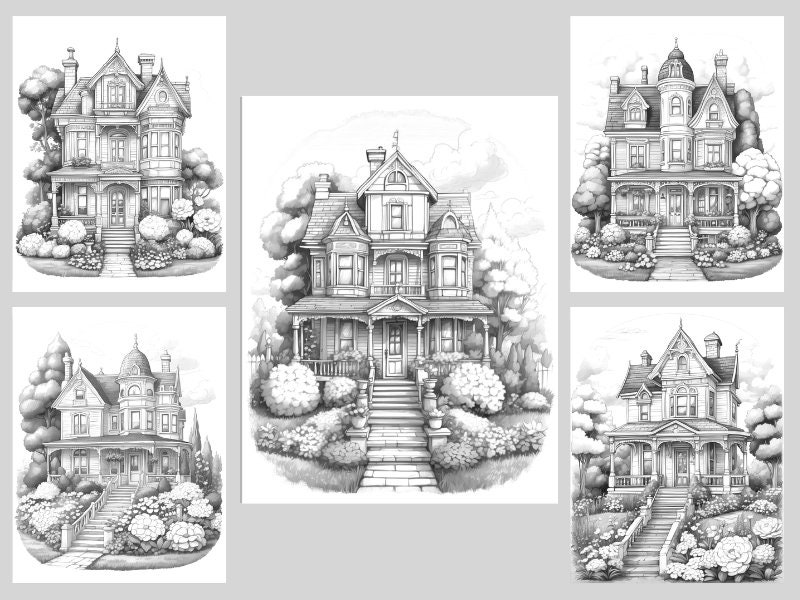 40 House Coloring Pages, Cute Victorian Manor Houses, Grayscale ...
