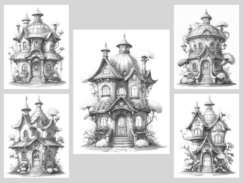 Fairy House Coloring Book: Blooming Houses, Grayscale (printable PDF ...