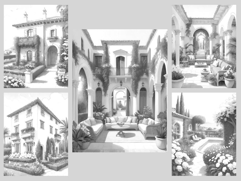 40 House Coloring Pages, Spanish Seaside Villas Volume 2, Printable ...