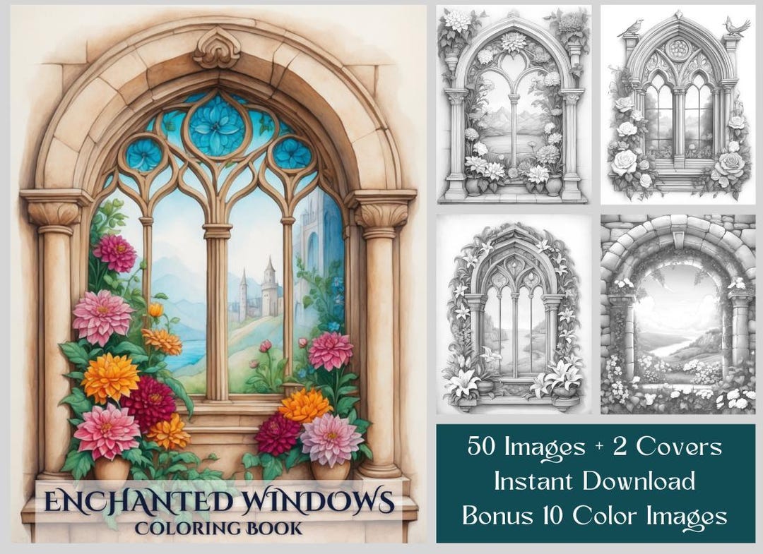 50 Enchanted Windows Coloring Pages, Fantasy Coloring Book PDF for ...