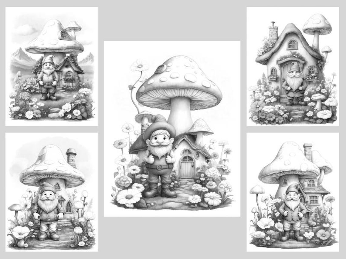 30 Gnome Coloring Pages, Garden Gnome Coloring Book, Grayscale ...