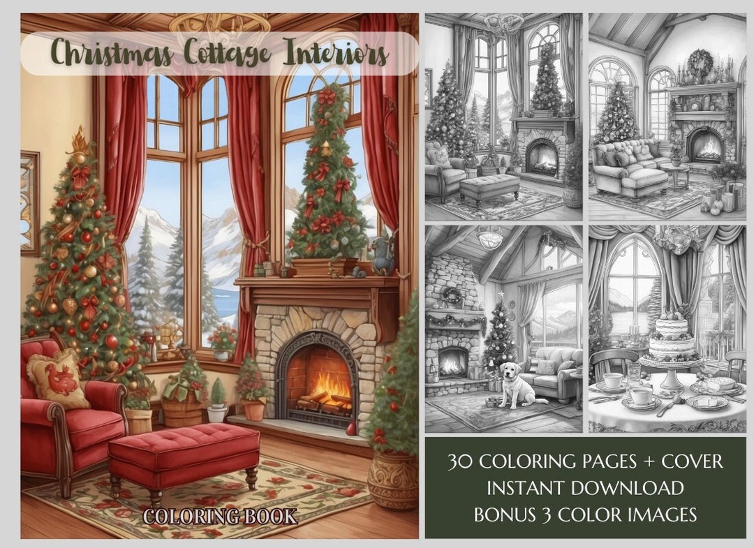 30 Christmas Cottage Interiors- Fantasy Christmas Rooms Coloring Book ...