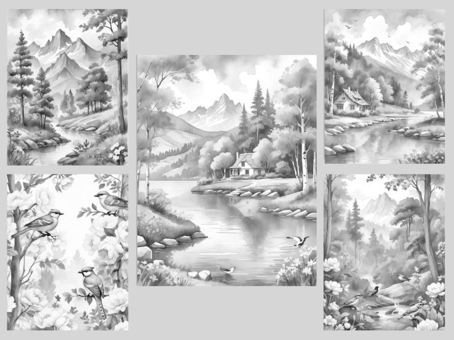 35 Landscape Coloring Pages, Printable Grayscale Nature Coloring Book ...