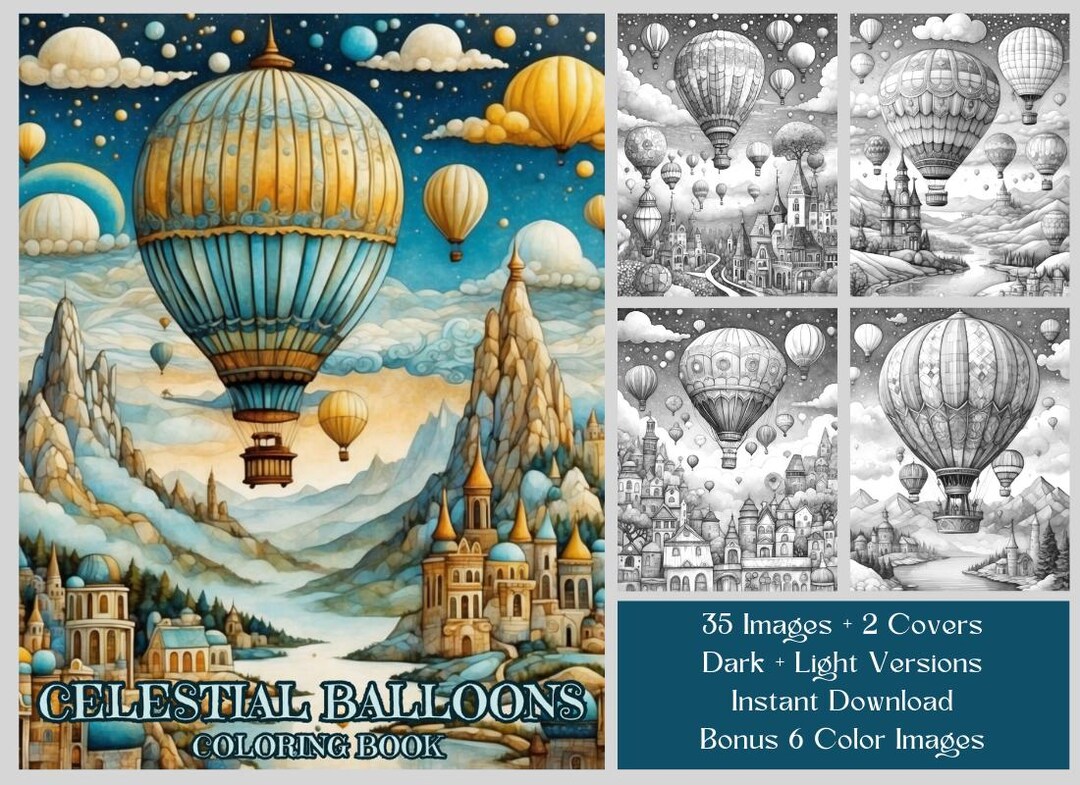 Hot Air Balloon Coloring Pages: 35 Printable Grayscale Landscape ...