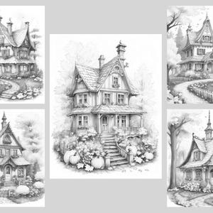 40 Cottage Coloring Pages, Cozy Cute Cottages Grayscale Coloring Book ...