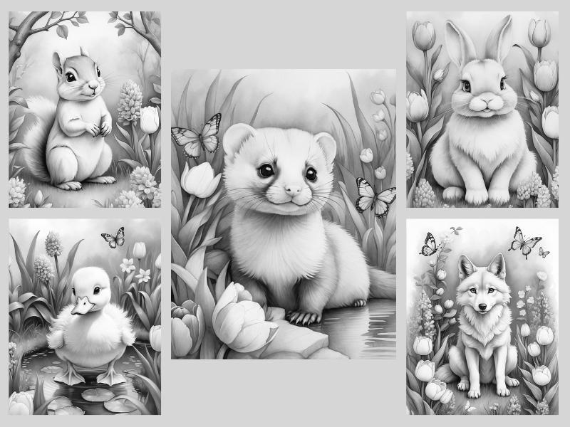 Garden Animals Coloring Book: 35 Grayscale Woodland Creatures ...