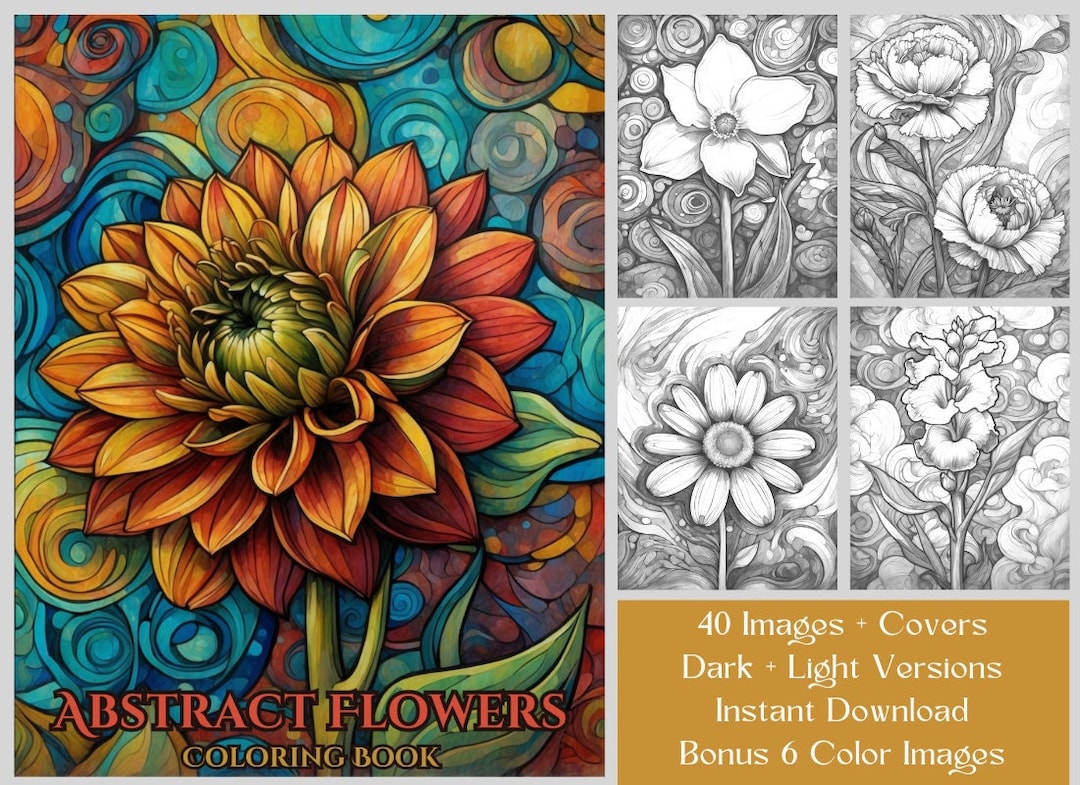 40 Flower Coloring Pages, Abstract Flowers Coloring Book, Grayscale ...