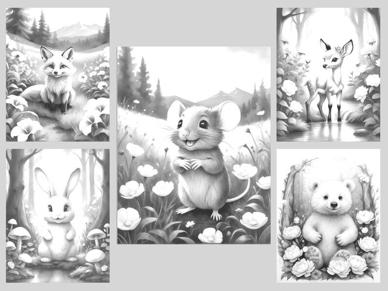 40 Baby Animal Coloring Pages - Adult and Kids Grayscale Coloring Book ...