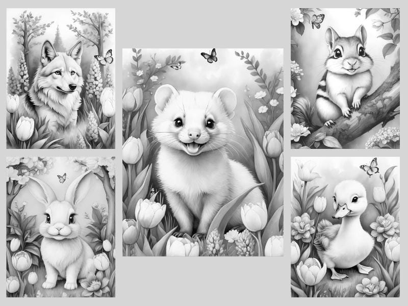 Garden Animals Coloring Book: 35 Grayscale Woodland Creatures ...