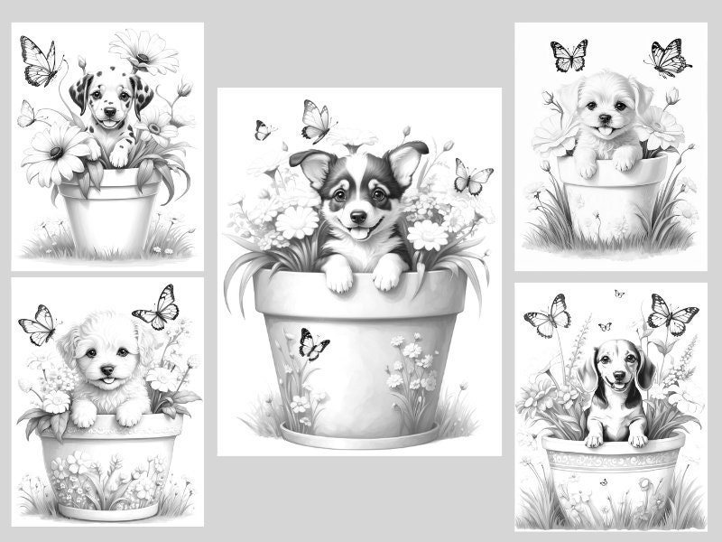 40 Dog Coloring Pages Flowerpot Puppies Coloring Book Printable PDF ...