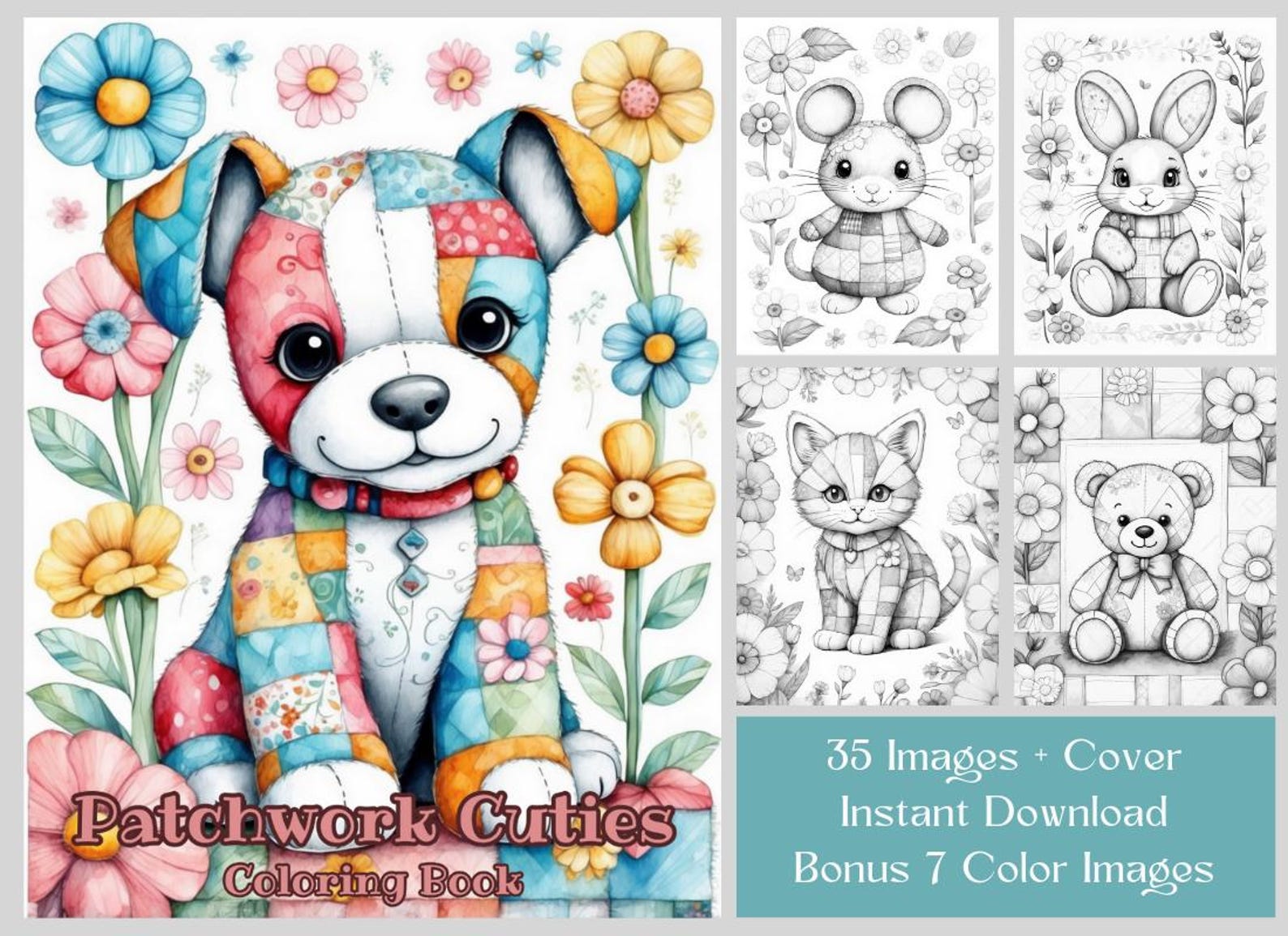 Animal Coloring Pages: 35 Boho Patchwork Designs (printable Grayscale ...