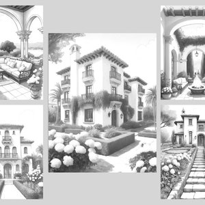 40 House Coloring Pages, Spanish Seaside Villas, Printable Fantasy ...