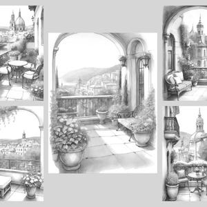 35 European City Coloring Pages, European Architecture Grayscale ...