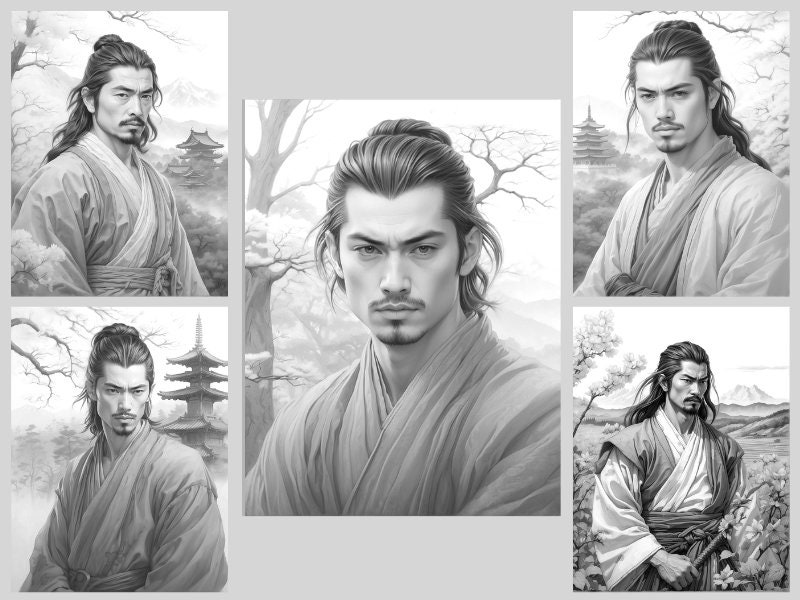 Samurai Warriors Coloring Book: 45 Grayscale Pages, Printable PDF ...