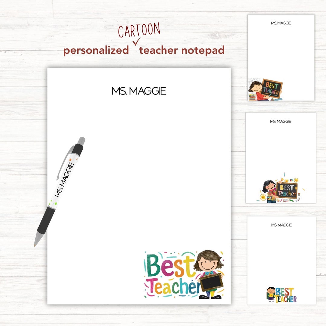 Cartoon Teacher Personalized Notepad, Teacher Notepad, Teacher Gift ...