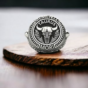 Taurus Signet Ring, Memento Mori Men Ring, Engraved Zodiac Ring, Silver ...