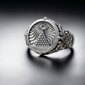 Sterling Silver All Seeing Eye Ring, Masonic Men Ring, Engraved Pyramid ...