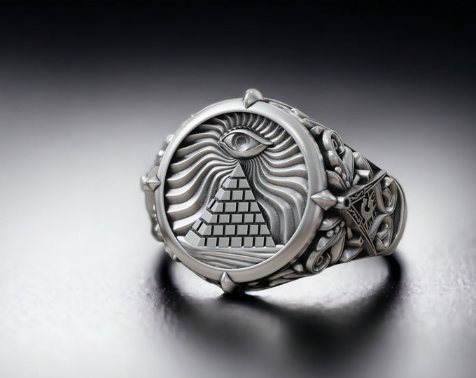 Sterling Silver All Seeing Eye Ring, Masonic Men Ring, Engraved Pyramid ...