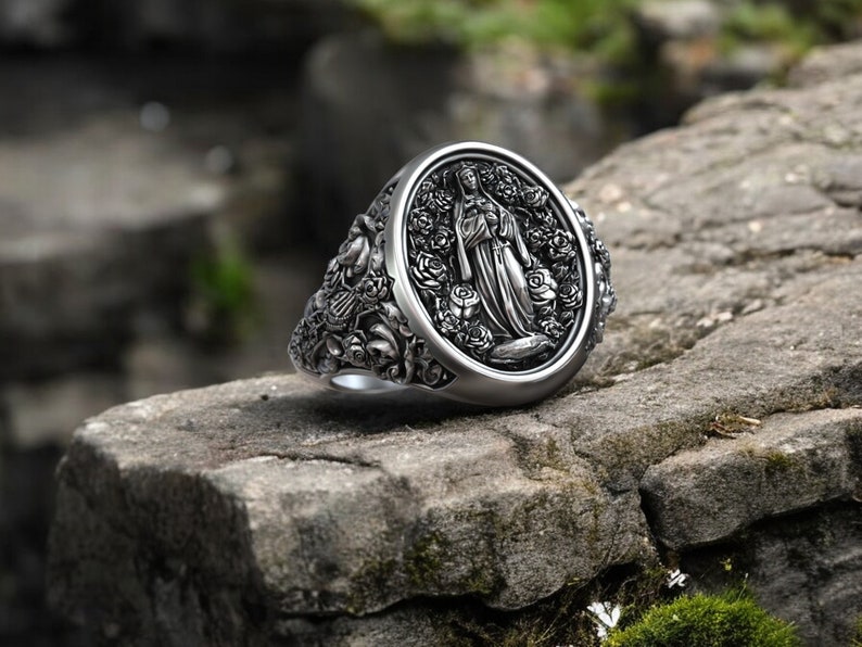 Saint Rose of Lima Ring, Engraved Roses Religious Ring, Christian Thumb ...
