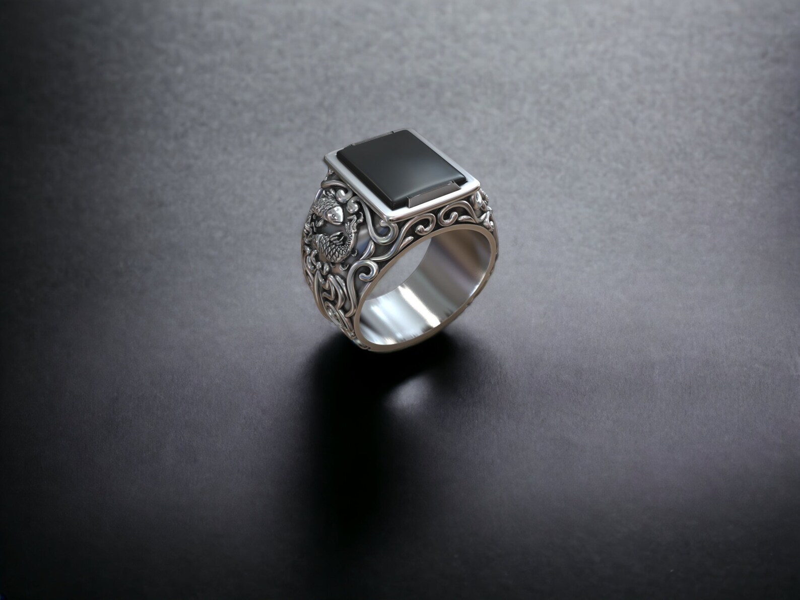 Japanese Koi Fish With Onyx Ring for Men, Signet Gemstone Ring, Onyx ...