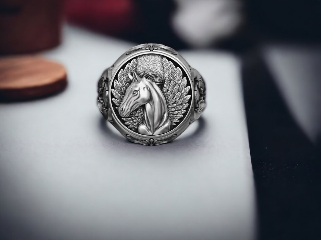 Sterling Silver Pegasus Ring, Horse With Wings Signet Ring, Mythology Jewelry, Handmade Unique ...