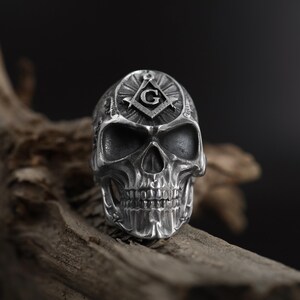 Large Skull Head With Masonic Symbol Ring, Masonry Skull Head Ring ...
