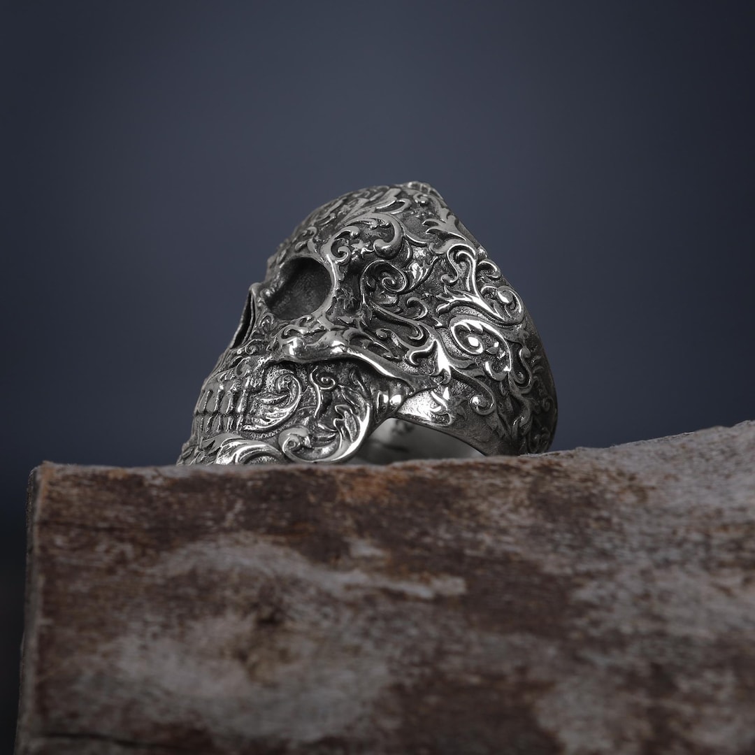 Floral Skull Ring, Sterling Silver Thumb Ring, Gothic 3D Skull Head ...