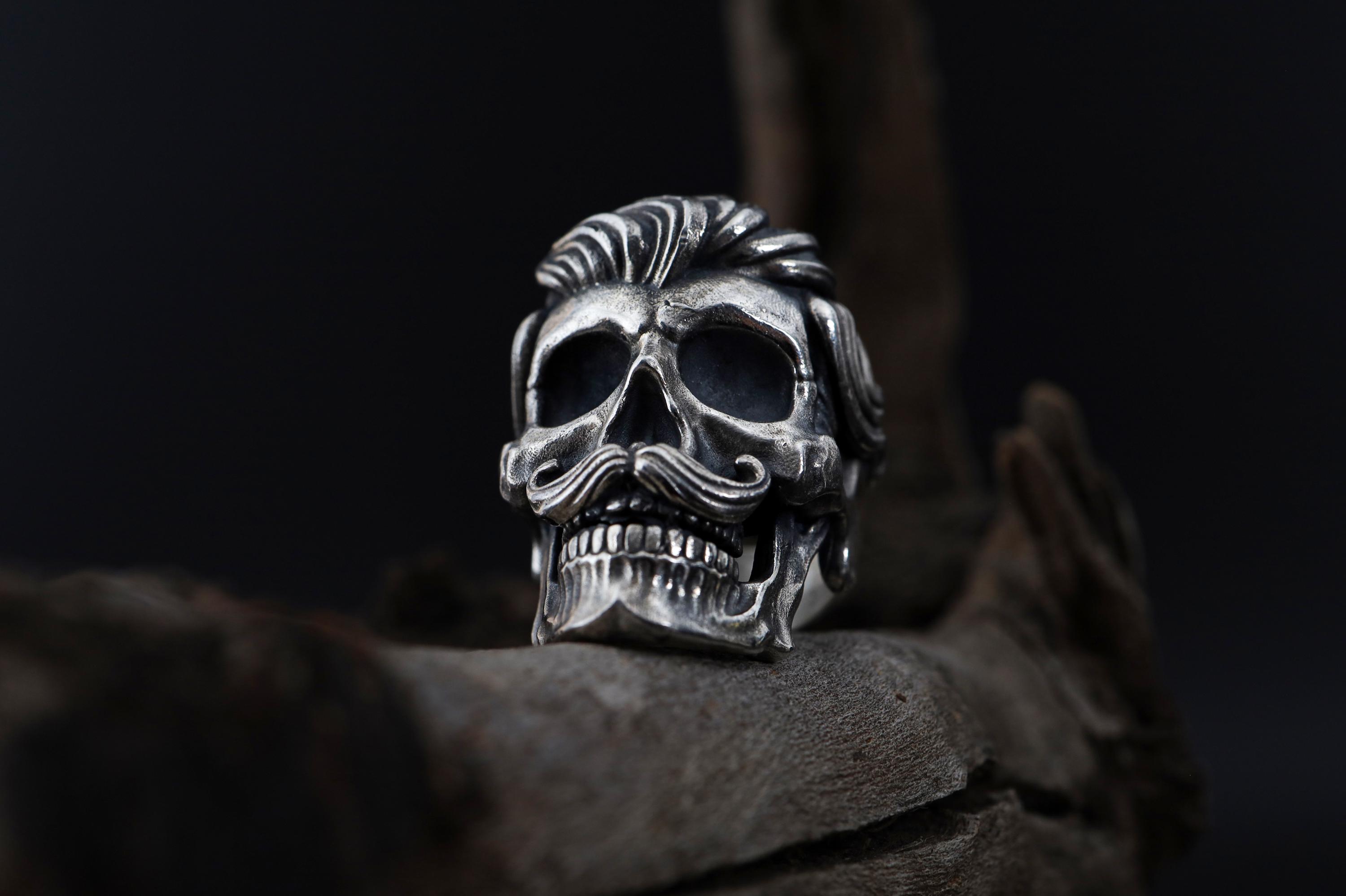 Moustache Skull Ring: Black Rhodium Plated Skull Head Ring, 925K Heavy ...