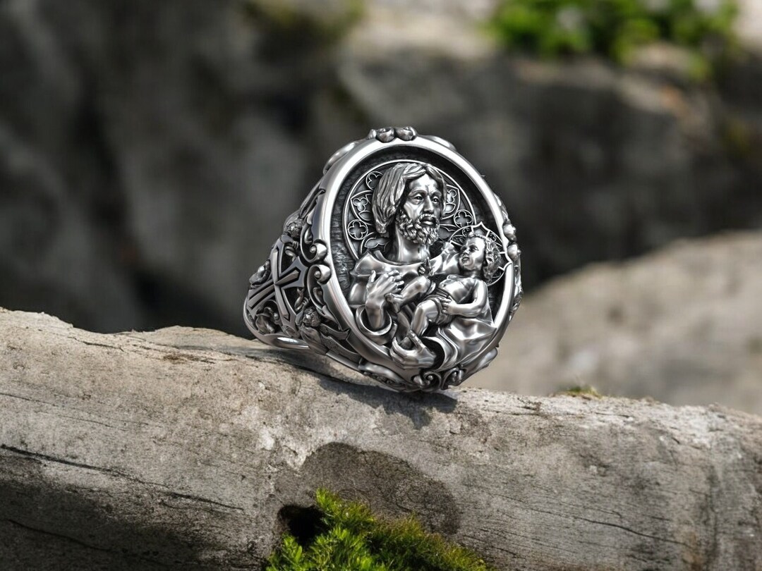 Saint Joseph Holding Baby Jesus Ring: Christian Signet Ring, Sterling ...