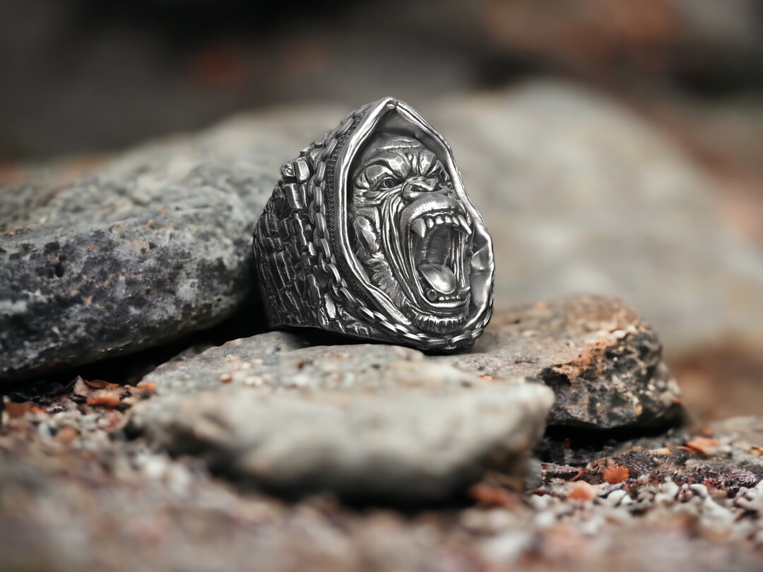 Handmade Sterling Silver Gorilla Ring: Angry Ape, Wild Animal Jewelry ...