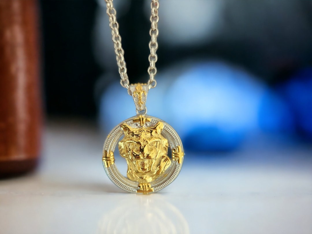 Gold Plated Tiger Necklace, Engraved Tiger Head Necklace, Gold ...